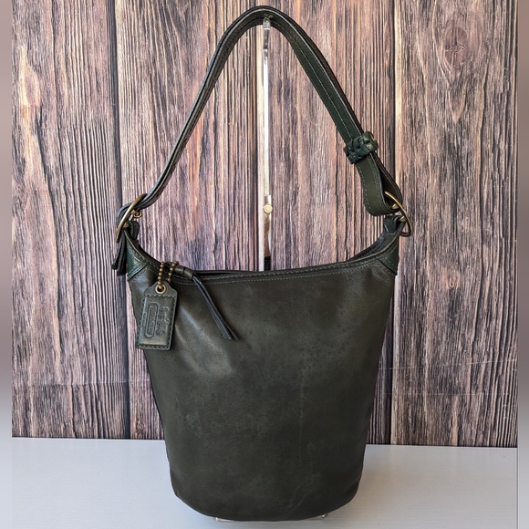 Coach | Bags | Coach Bleecker Tattersall Duffle Olive Leather Bucket ...